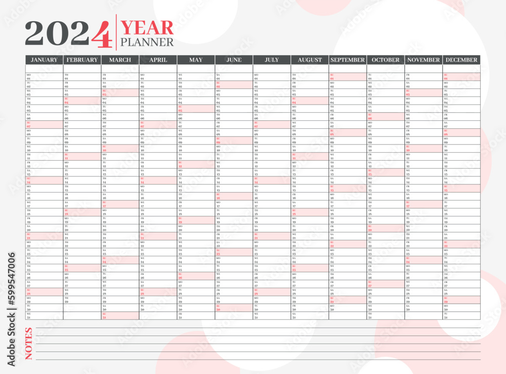 Vetor de 2024 yearly planner or organizer design template with red ...