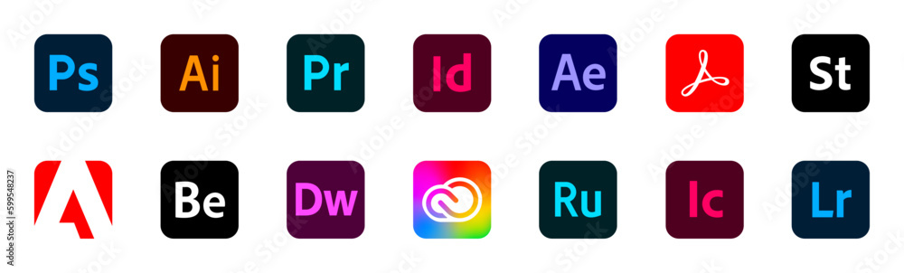 Adobe products logo set. Adobe Photoshop, Illustrator, Lightroom ...