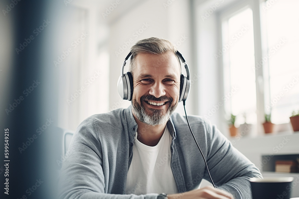 Man in headphones during video conference. Generative ai Stock ...