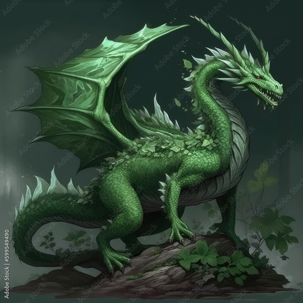 Full-lenght green wooden dragon with leaves and branches growing from ...