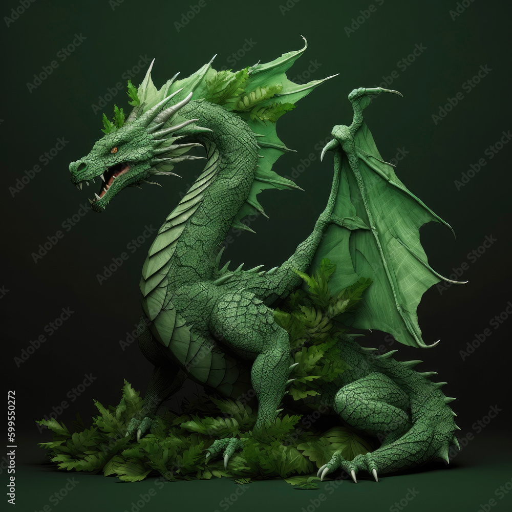Full-lenght green wooden dragon with leaves and branches growing from ...