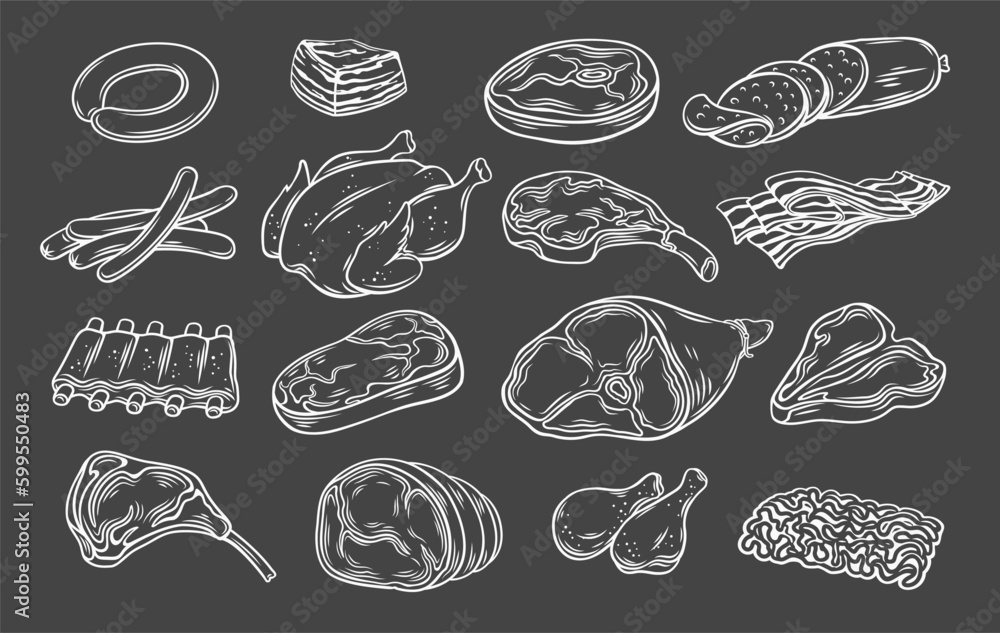 Meat outline icons set vector illustration. Hand drawn beef and pork ...