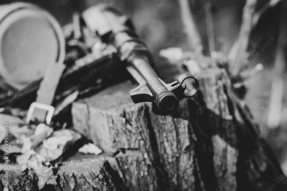 MP-40 submachine gun with a gas mask cover on a stump Stock Photo ...