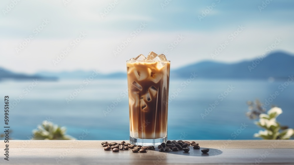 Iced cold coffee at the beach bar with blurred tropical seascape in the ...