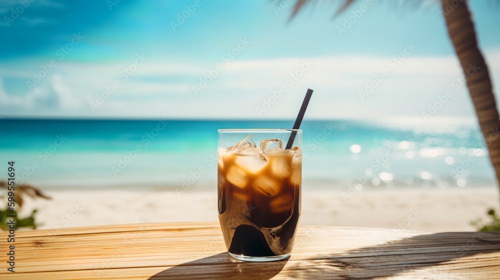 Iced cold coffee at the beach bar with blurred tropical seascape in the ...
