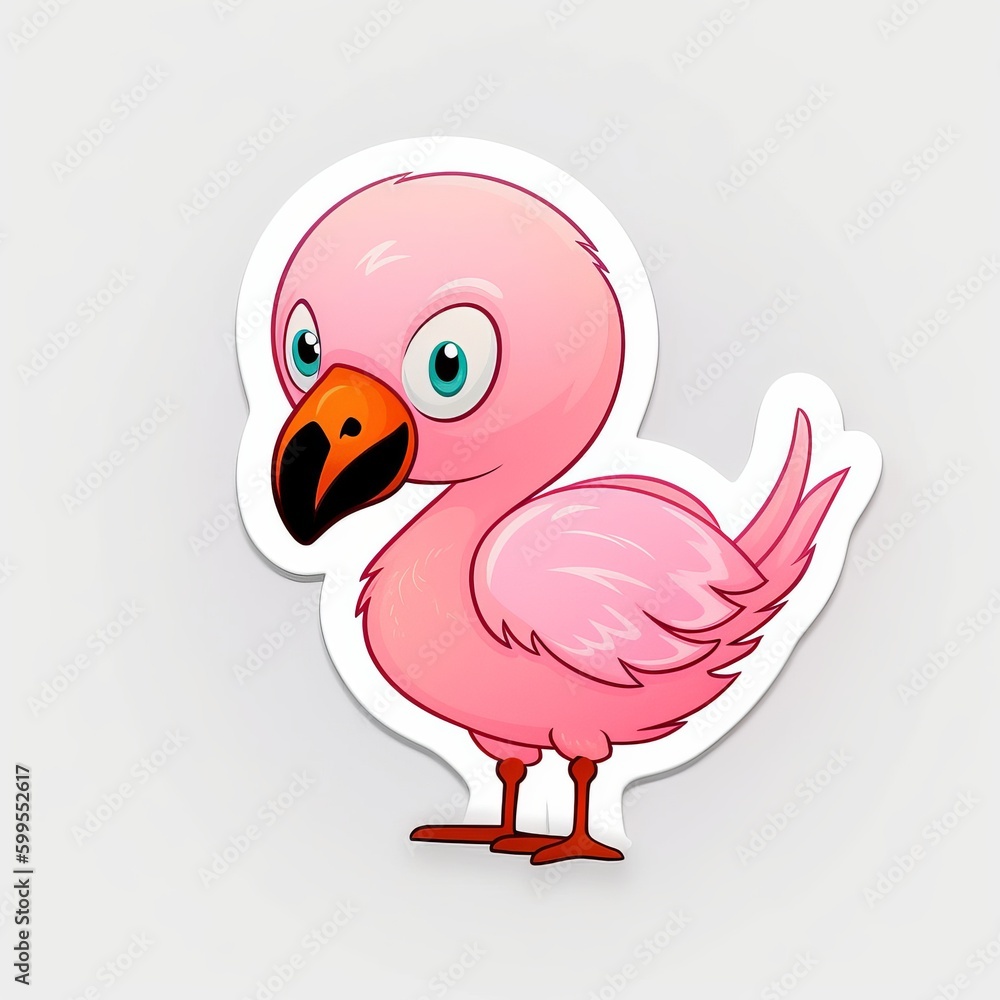 A cute chibi Flamingo sticker with a white background, radiating ...