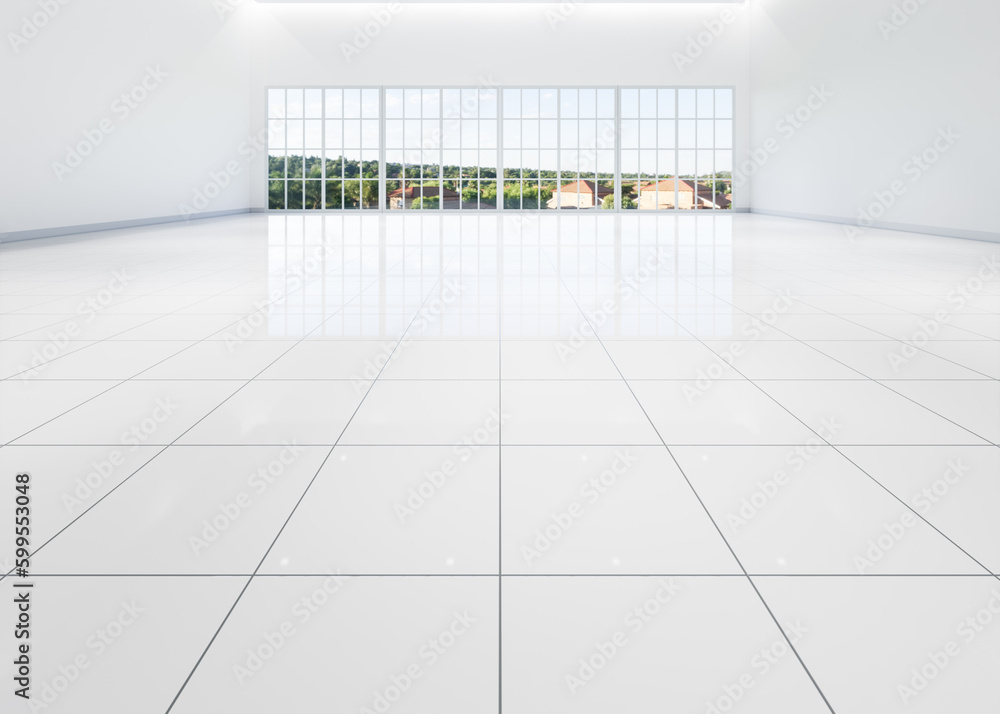 3d rendering of white empty space in room, ceramic tile floor in ...
