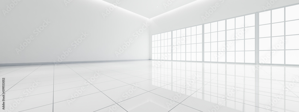 3d rendering of white empty space in room, ceramic tile floor in ...