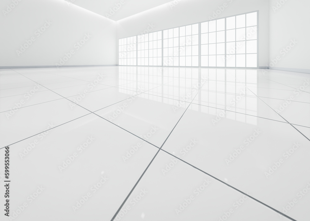 3d rendering of close up white tile floor in perspective view, empty ...