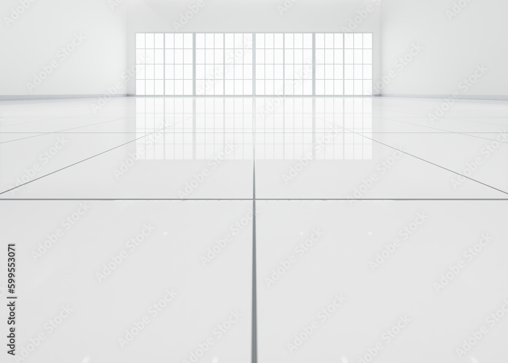 3d rendering of close up white tile floor in perspective view, empty ...