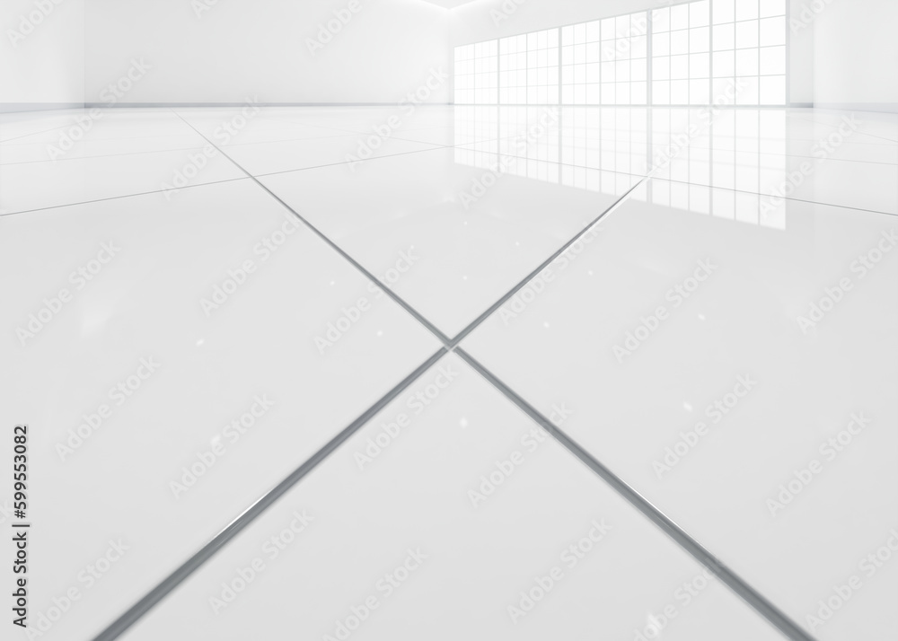 3d rendering of close up white tile floor in perspective view, empty ...