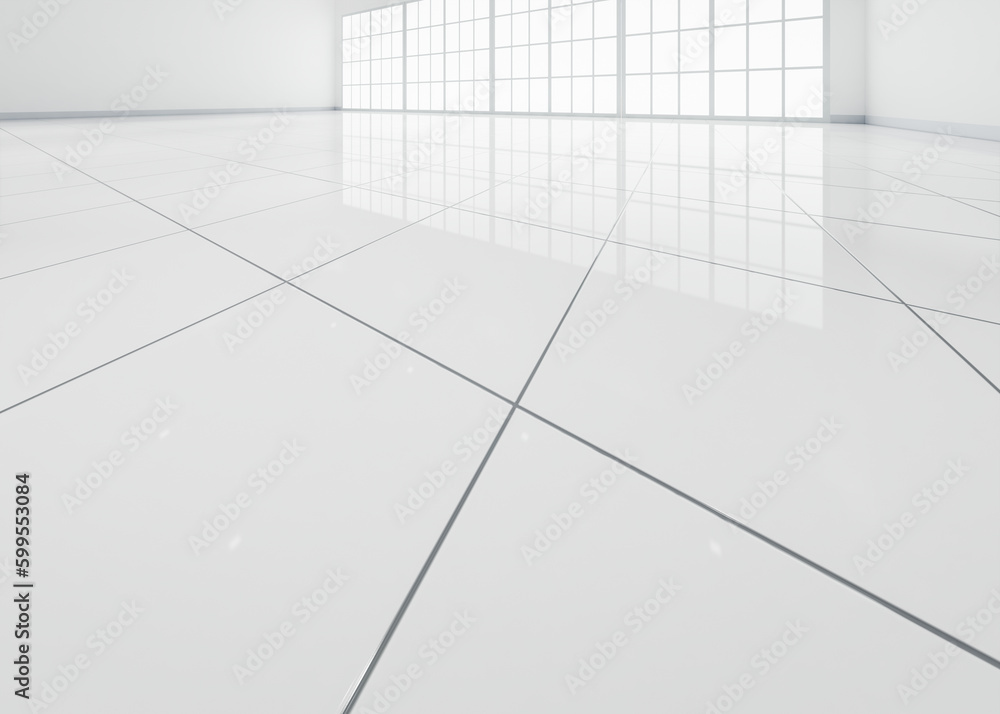 3d rendering of close up white tile floor in perspective view, empty ...