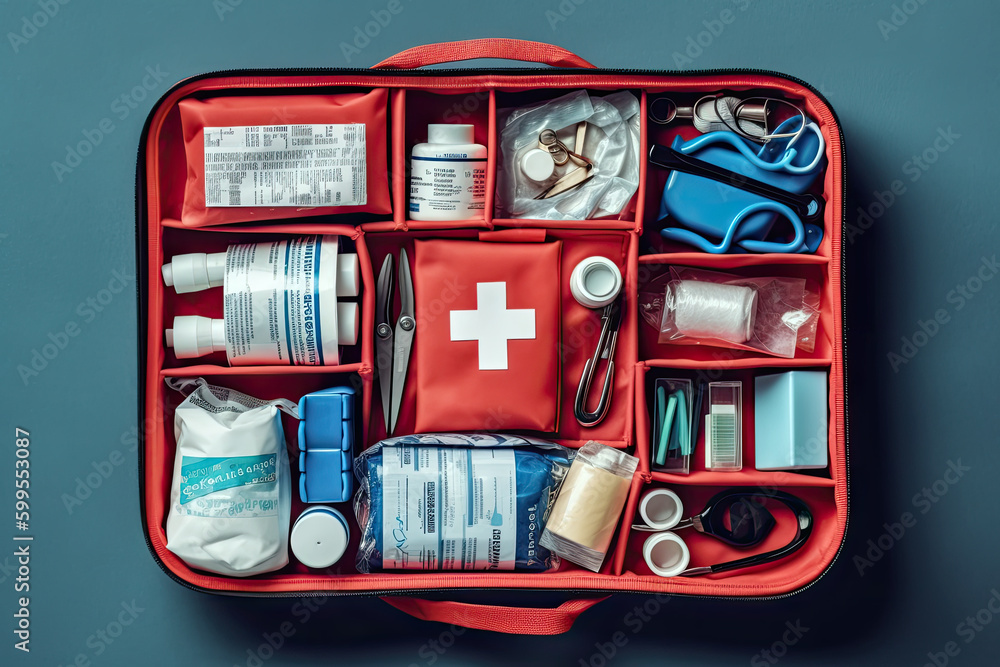 AI Generative Illustration of a red first aid kit with various medication pads and bandages ...