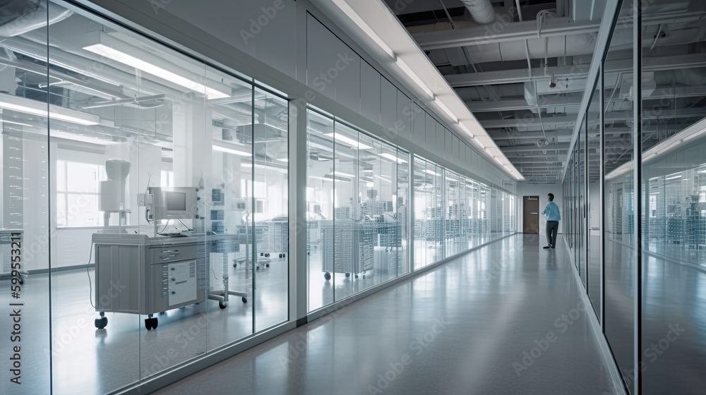 Long corridor in research facility with scientific laboratory interior ...