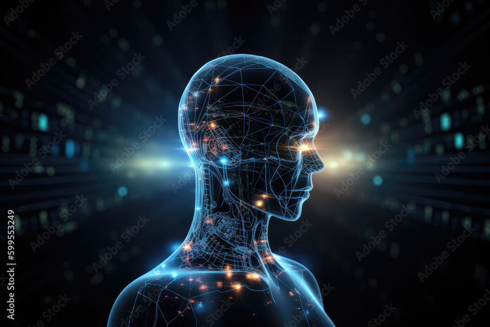 Generative AI Illustration of a humanoid in profile on a blue ...