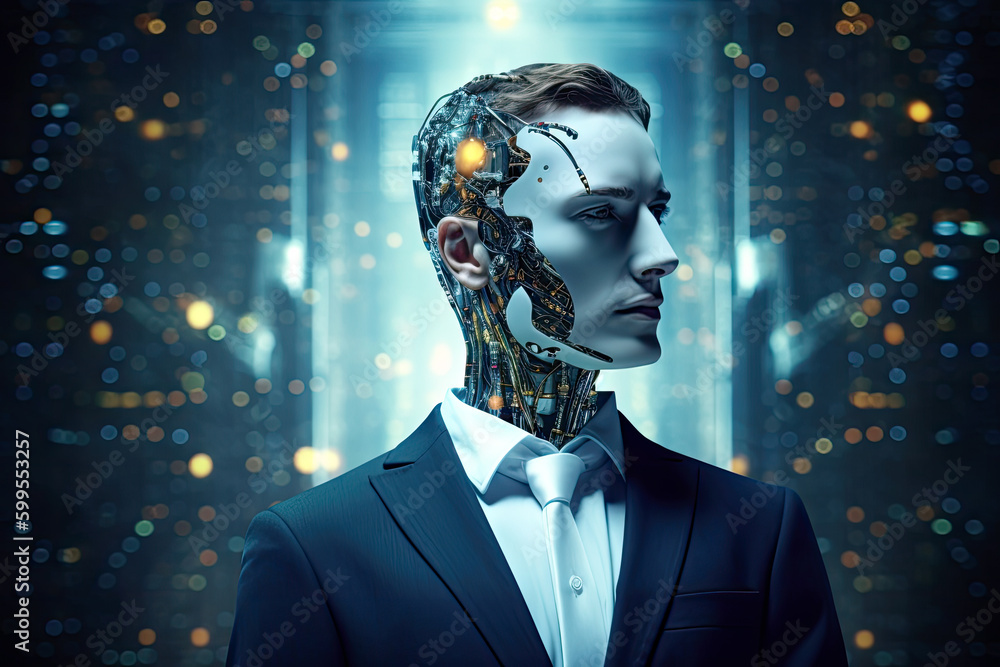 Generative AI Illustration of a humanoid in profile on a blue ...