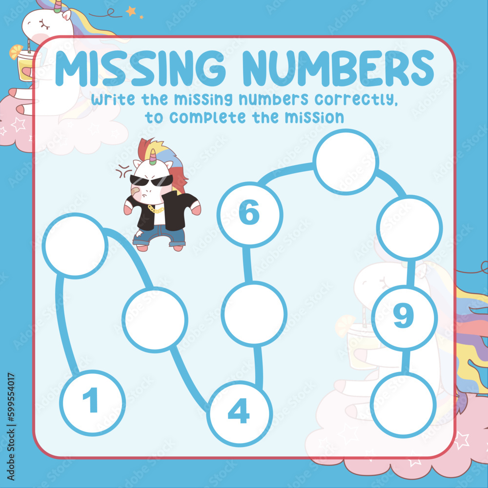Math game for kids. missing numbers page with colourful and cute unicorn character. Count and ...