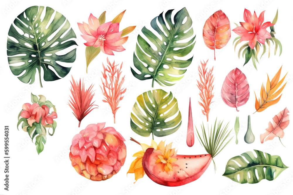 tropical leaf watercolor clip art,Generative AI Stock Illustration ...