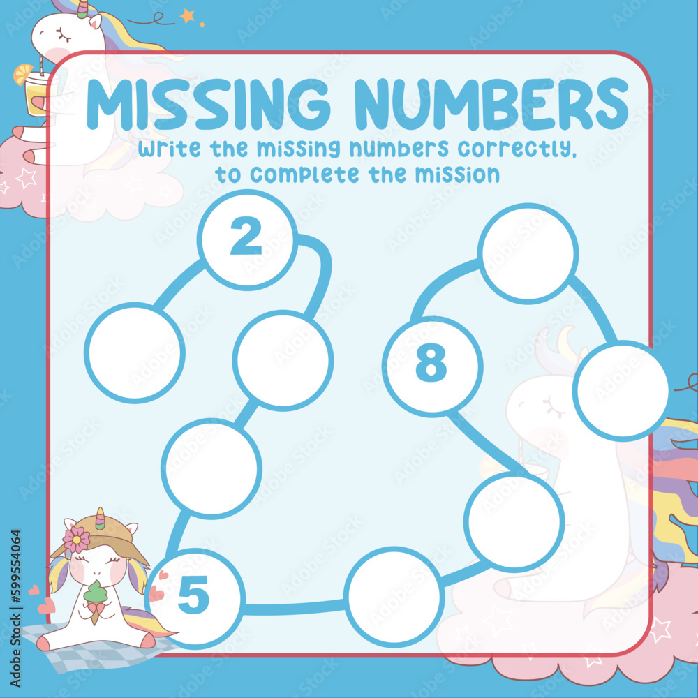 Math game for kids. missing numbers page with colourful and cute ...