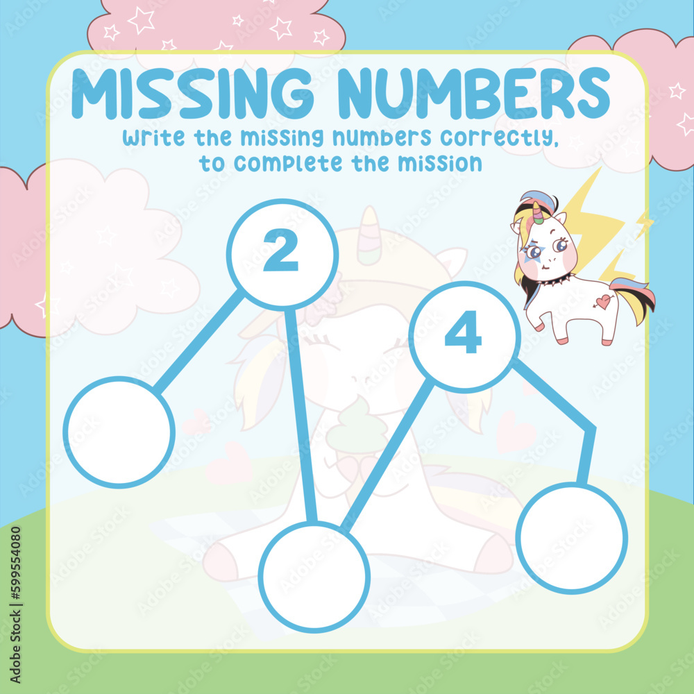 Math game for kids. missing numbers page with colourful and cute ...