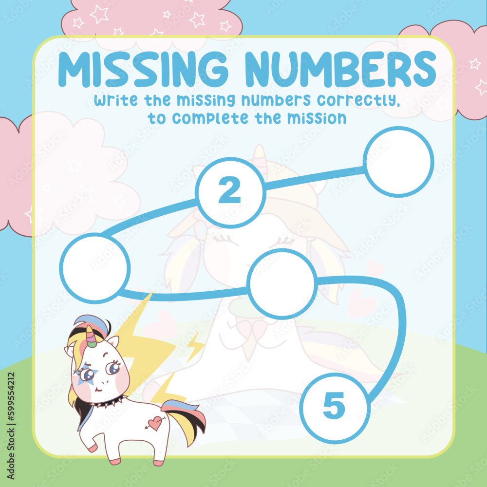 Math game for kids. missing numbers page with colourful and cute ...