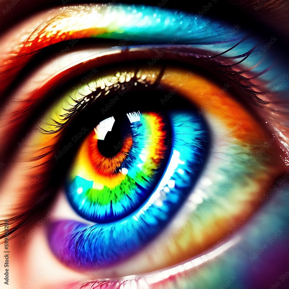 Generative AI. A close-up view of the human eye, a rainbow-colored iris ...
