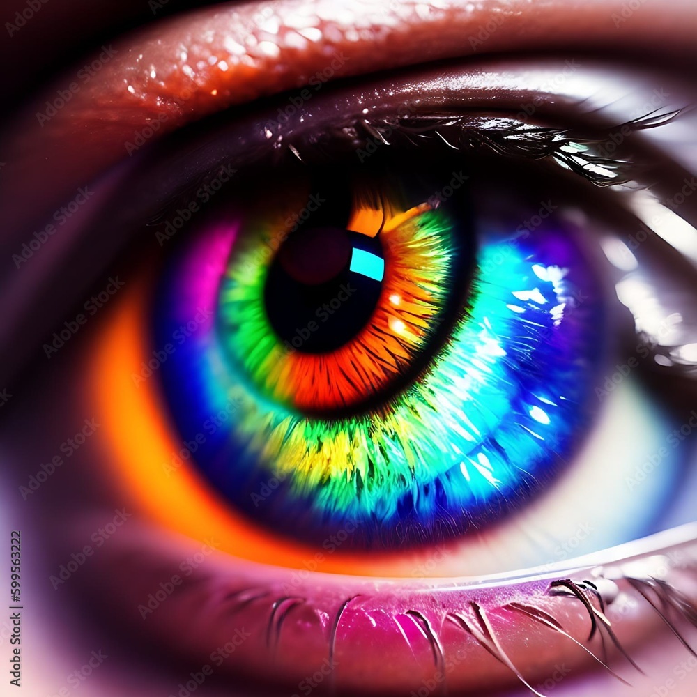 Generative AI. A close-up view of the human eye, a rainbow-colored iris ...