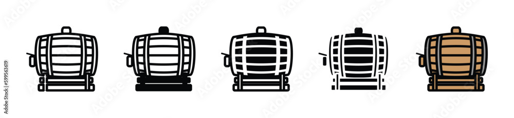 Barrel icon vector set. Wooden keg icons in thin line, flat, and color ...