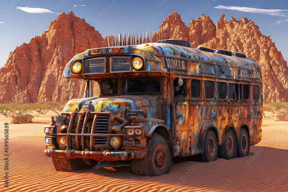 Destroyed and old retro bus in the desert, post apocalyptic science ...