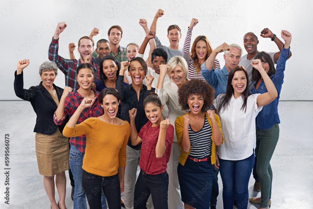 Success, portrait and group of people fist with power, celebration and ...