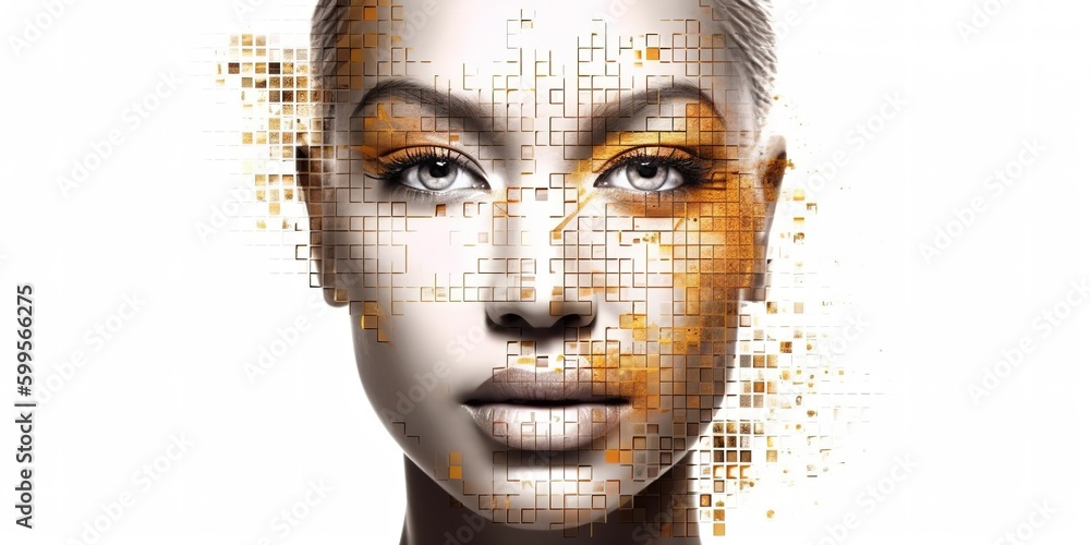 Beautiful woman face depicted in pixels over white background. Beauty ...