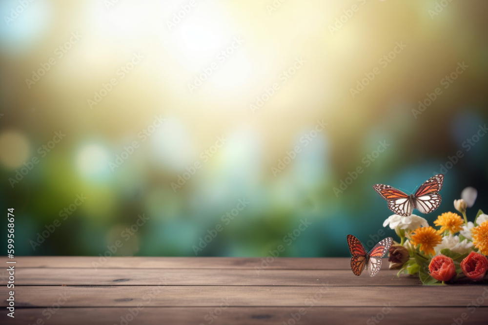 Empty wooden table with spring flowers and butterflies and sunny garden ...