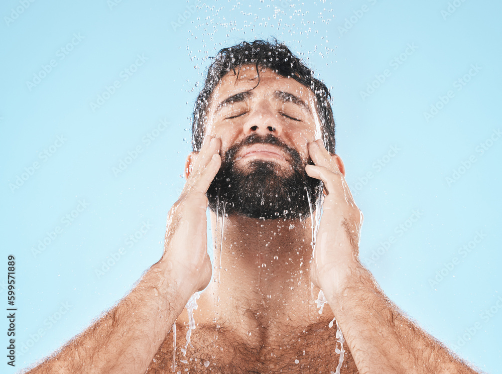 Man, shower and face cleaning for skincare hygiene, body care wellness and grooming health in ...
