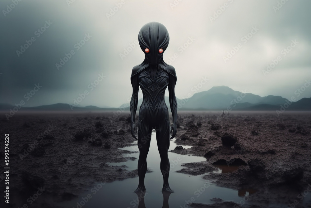 Ilustrace „Biomorphic grey alien stands in dim ethereal landscape ...