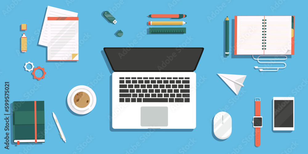 Workspace table with laptop, note, phone, hot drink in a flat design ...