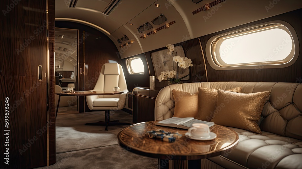A luxurious and opulent interior design of a private jet with a wooden ...