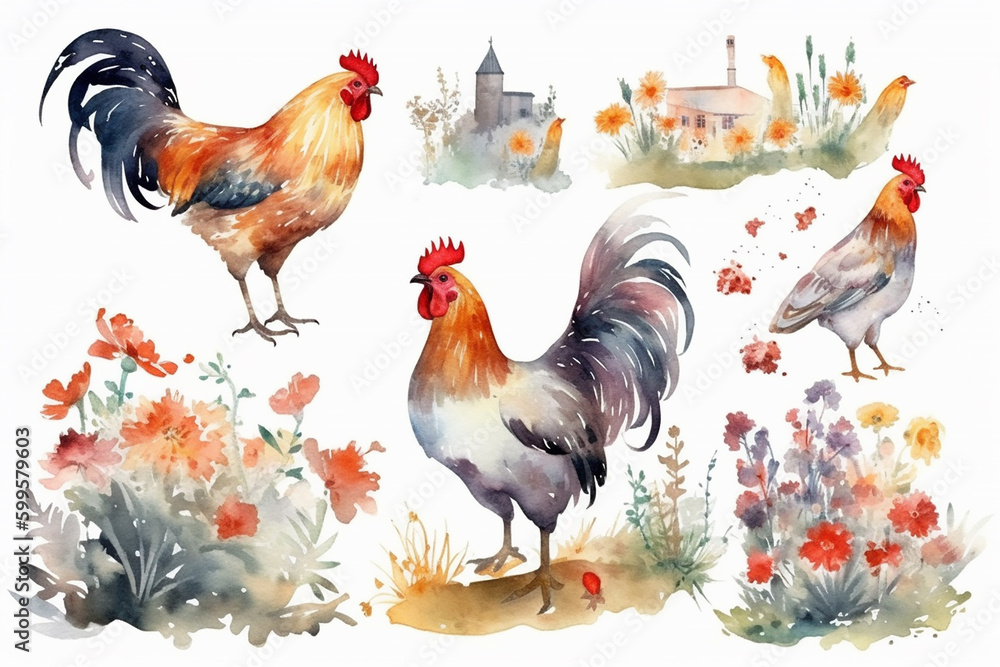 Roosters farm in willows character clipart, white background. Stock ...