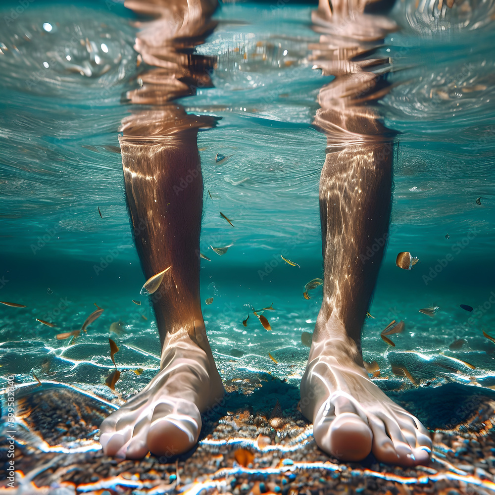 Pies de hombre dentro de agua cristalina. Pies de hombre rodeados de ...