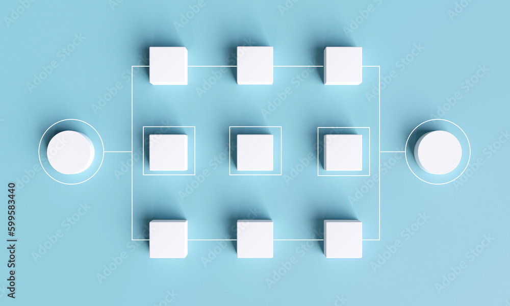 White cubes with lines connecting diagrams on blue background ...