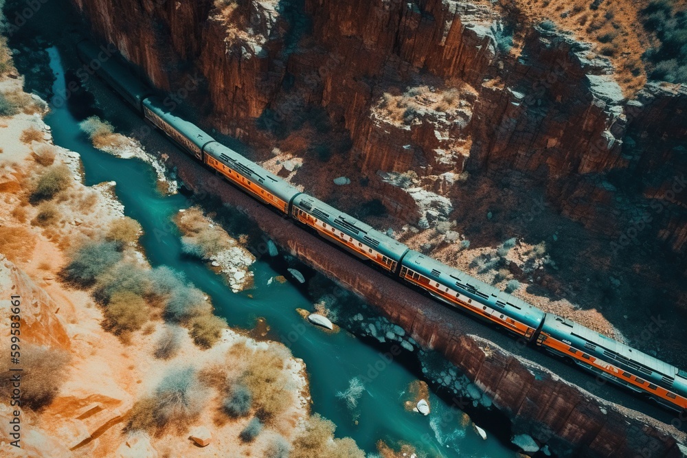 An aerial top-down view of a train winding through a breathtaking ...