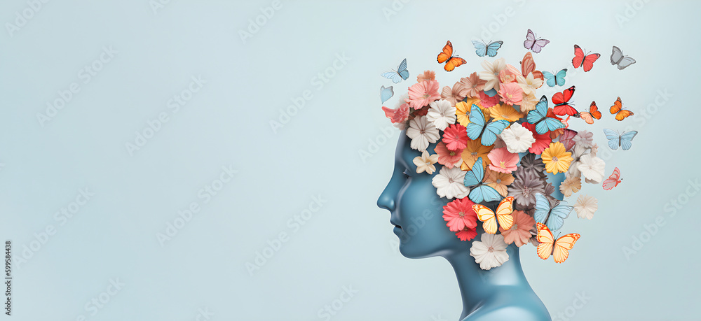 Female head with flowers and butterflies, self-care and mental health ...