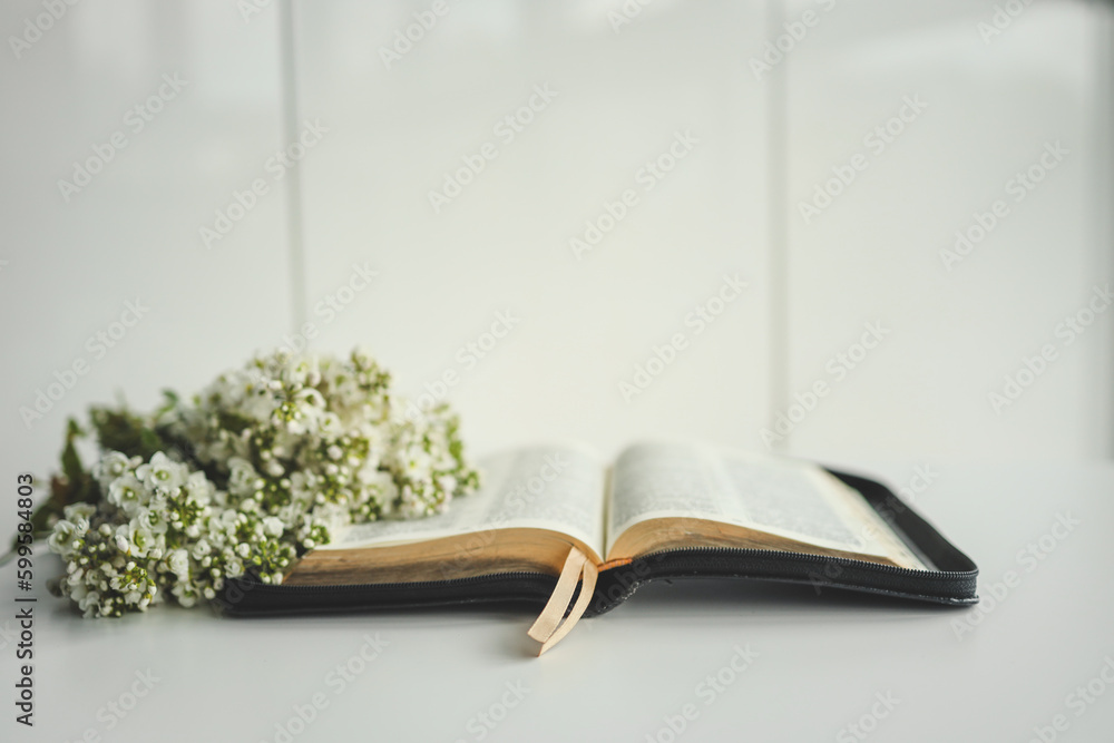 Open bible with flowers on a white background Stock Photo | Adobe Stock