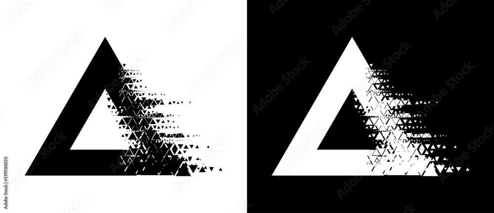 Triangles with glitch halftone texture. Black shape on a white ...
