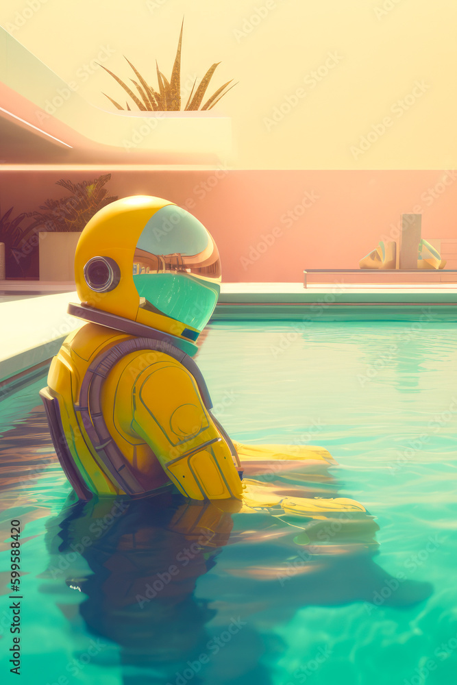Generative AI illustration of yellow futuristic robot swimming in pool ...