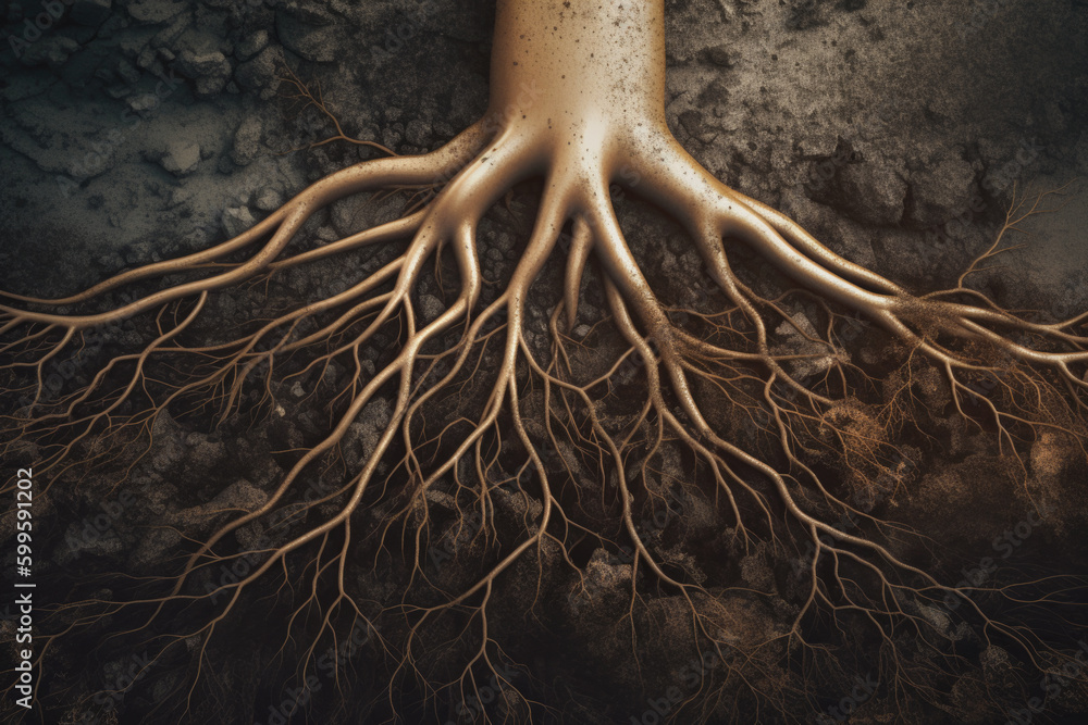 Soil section with plant roots underground, close up. Generative AI ...