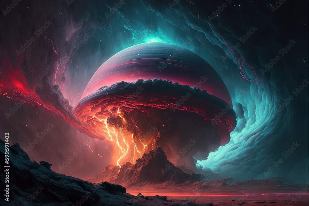 abstract planets in neon style with beautiful scenery of space AI Stock ...