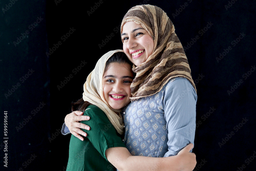 Happy Muslim girl beautiful eyes wearing hijab scarf and traditional ...