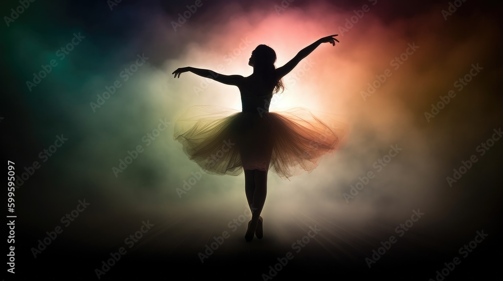 Female ballet dancer silhouette in multicolored haze spotlight beam ...