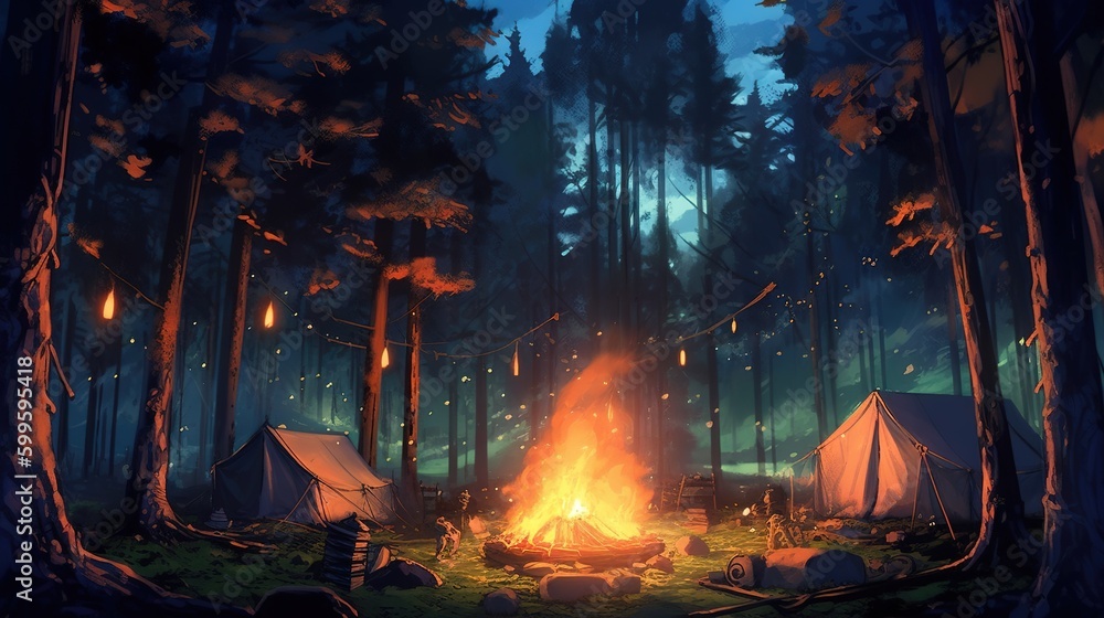 Japanese anime style bonfire in the forest wallpaper Stock Illustration ...