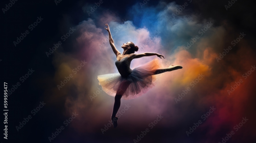 Female ballet dancer silhouette on dreamlike multicolored clouds ...